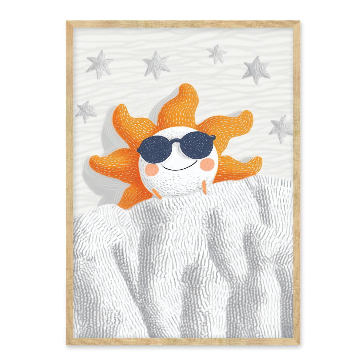 Smilende sol med solbriller – plakat med stjerner og dyne – Homedec.dk