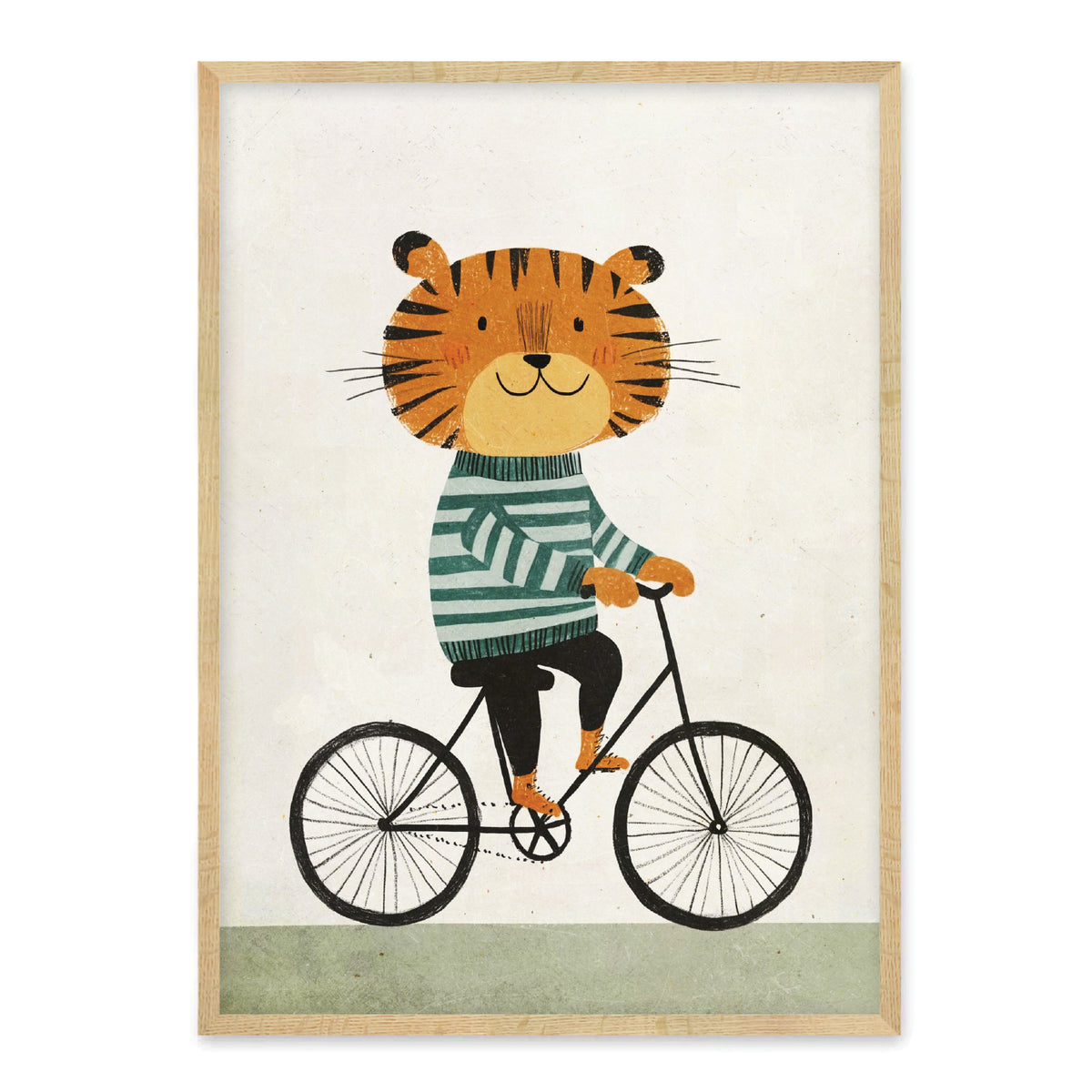 Glad tiger på cykel med grøn/grå sweater – unik plakat – Homedec.dk