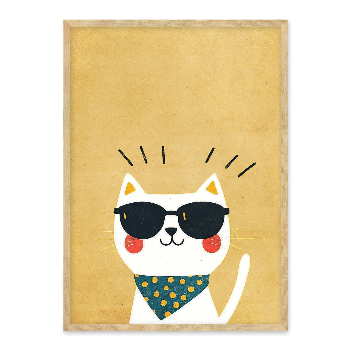Hvid kat med solbriller og tørklæde – gul plakat til børn – Homedec.dk
