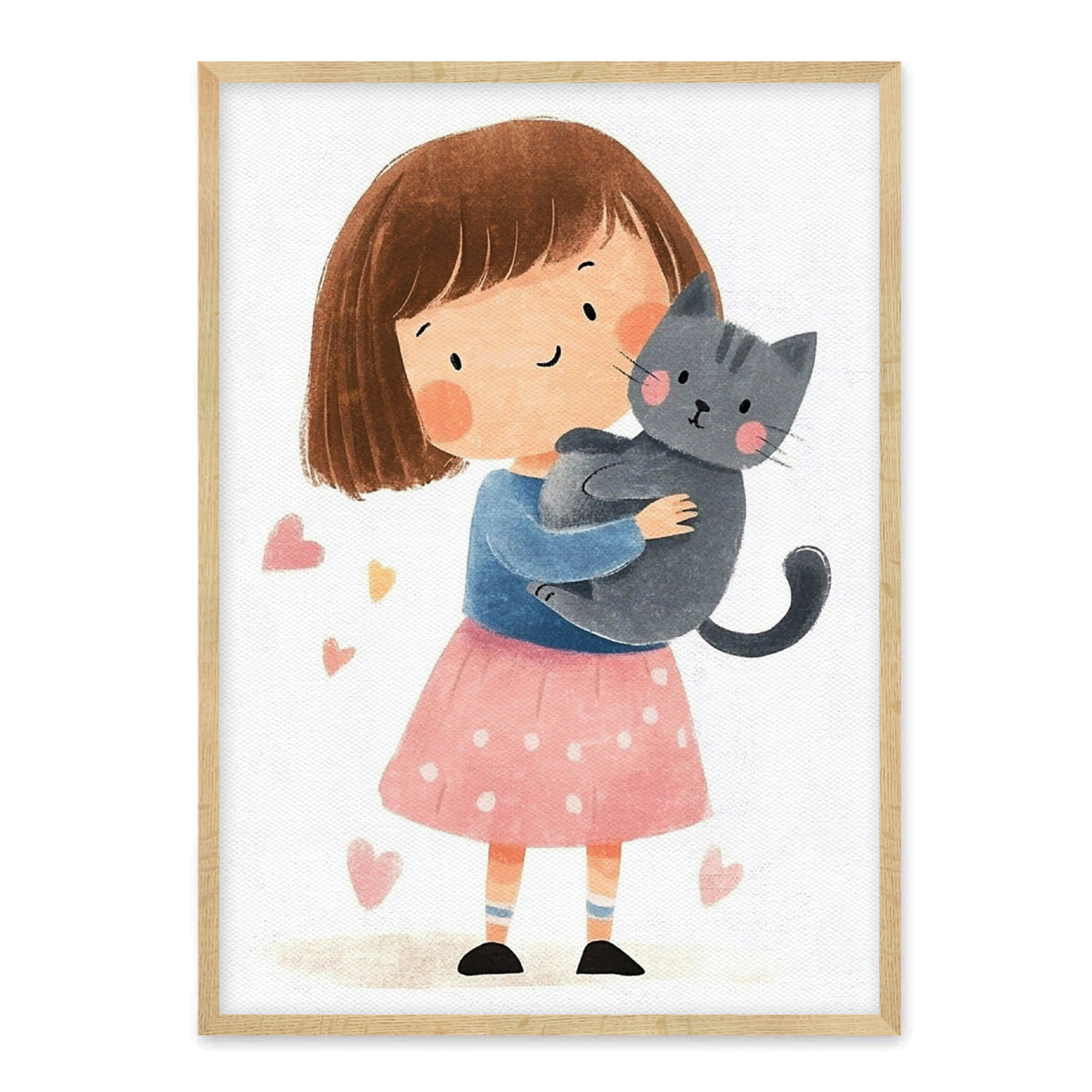 Pige med grå kat og hjerter – plakat med blidt og sødt udtryk – Homedec.dk